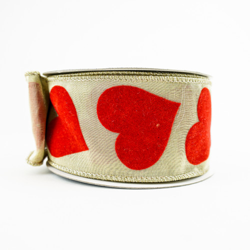RIBBON 2.5" X 10YDS FLOCKED HEARTS RED | Craftex