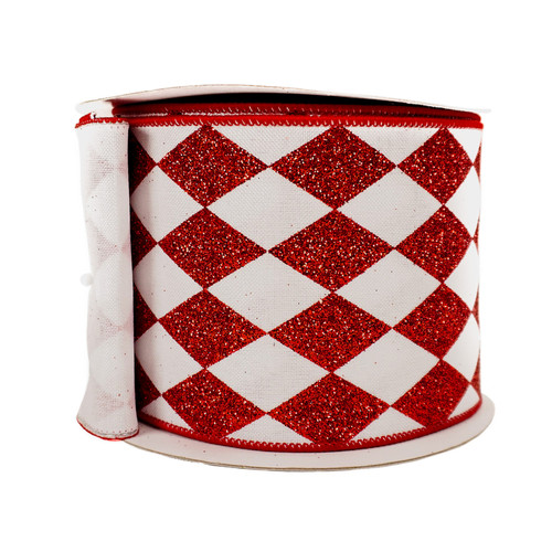 RIBBON 10YDS GLITTER JESTER DIAMONDS RED AND WHITE (2 SIZES) | Craftex