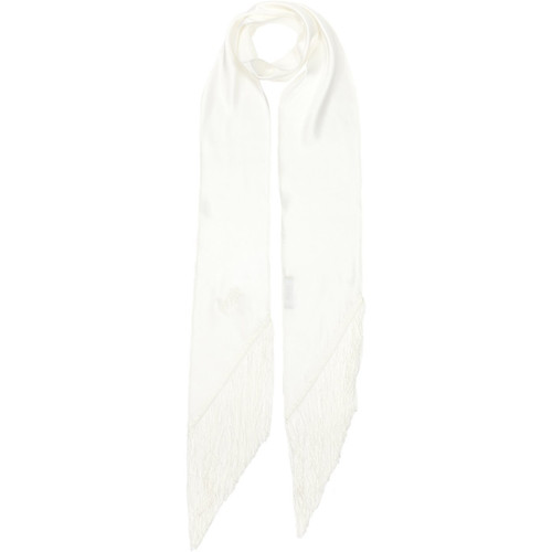 Plain White Satin Classic Skinny Fringed Embroidered Scarf | Rockins