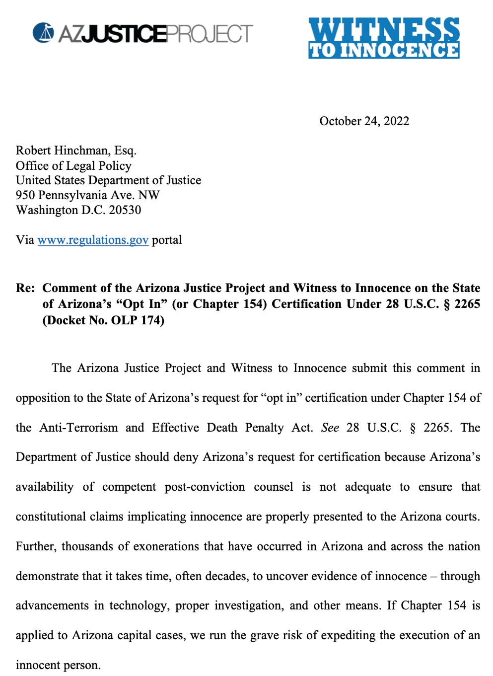 WTI joins Arizona Justice Project in opposing expedited appeal process ...