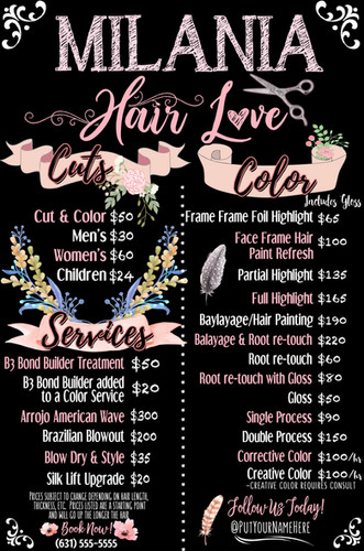 Shabby Chic Hair Salon Menu