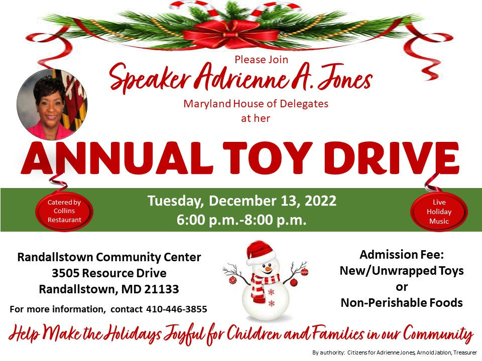 Speaker Adrienne Jones Annual Toy Drive December 13th