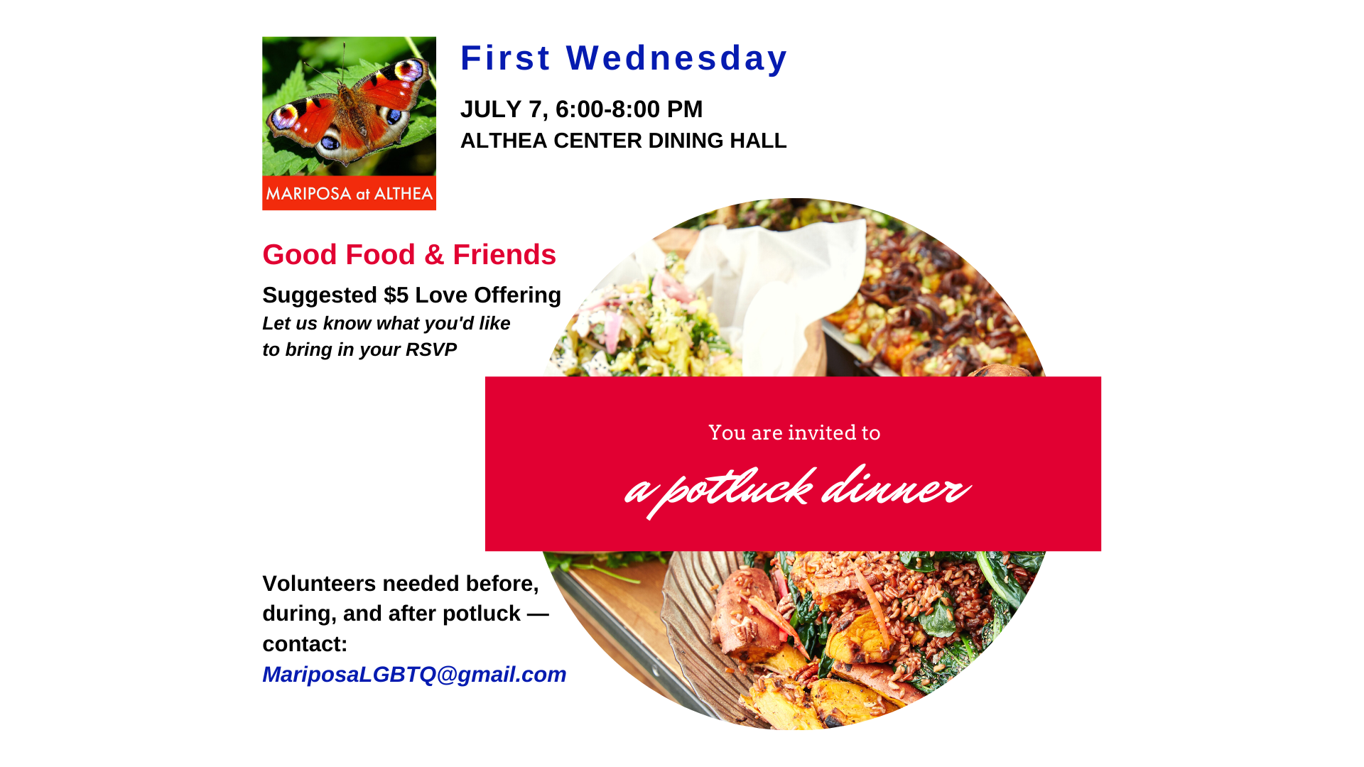 Mariposa's First Wednesday - Potluck Dinner, July 7th | altheawelcome