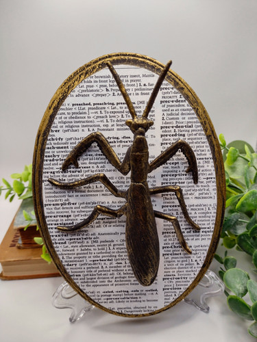 Faux Praying Mantis on distressed wood | Lily Lue Designs