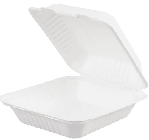 Clamshell | 8in. x 8in. x 3in. | White | Bagasse | 200pcs | CSW883 |Canadian Box & Paper LTD|Duncan