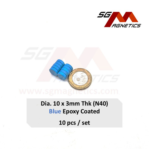 10x3mm N40 - Blue Epoxy Neodymium Disc Magnets - 10pcs | SG Magnetics