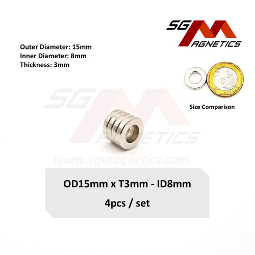 15x3-8mm N35 - Neodymium Ring Magnets - 4pcs | SG Magnetics