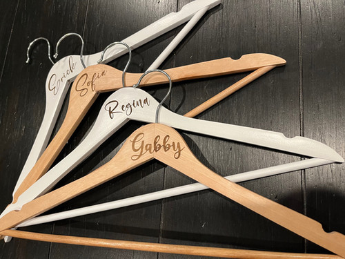 Laser engraved hangers | Mateo Woodworks