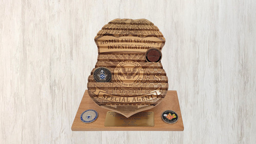 HSI Custom Badge Challenge Coin Display - Alder Wood | Legacy Crafts USA