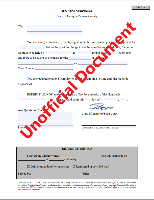Signed Witness Subpoena | Clerk of Courts