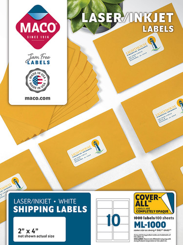Laser/Inkjet COVER-ALL™ White Shipping Labels, 2" x 4", 10/Sheet, 1000 ...