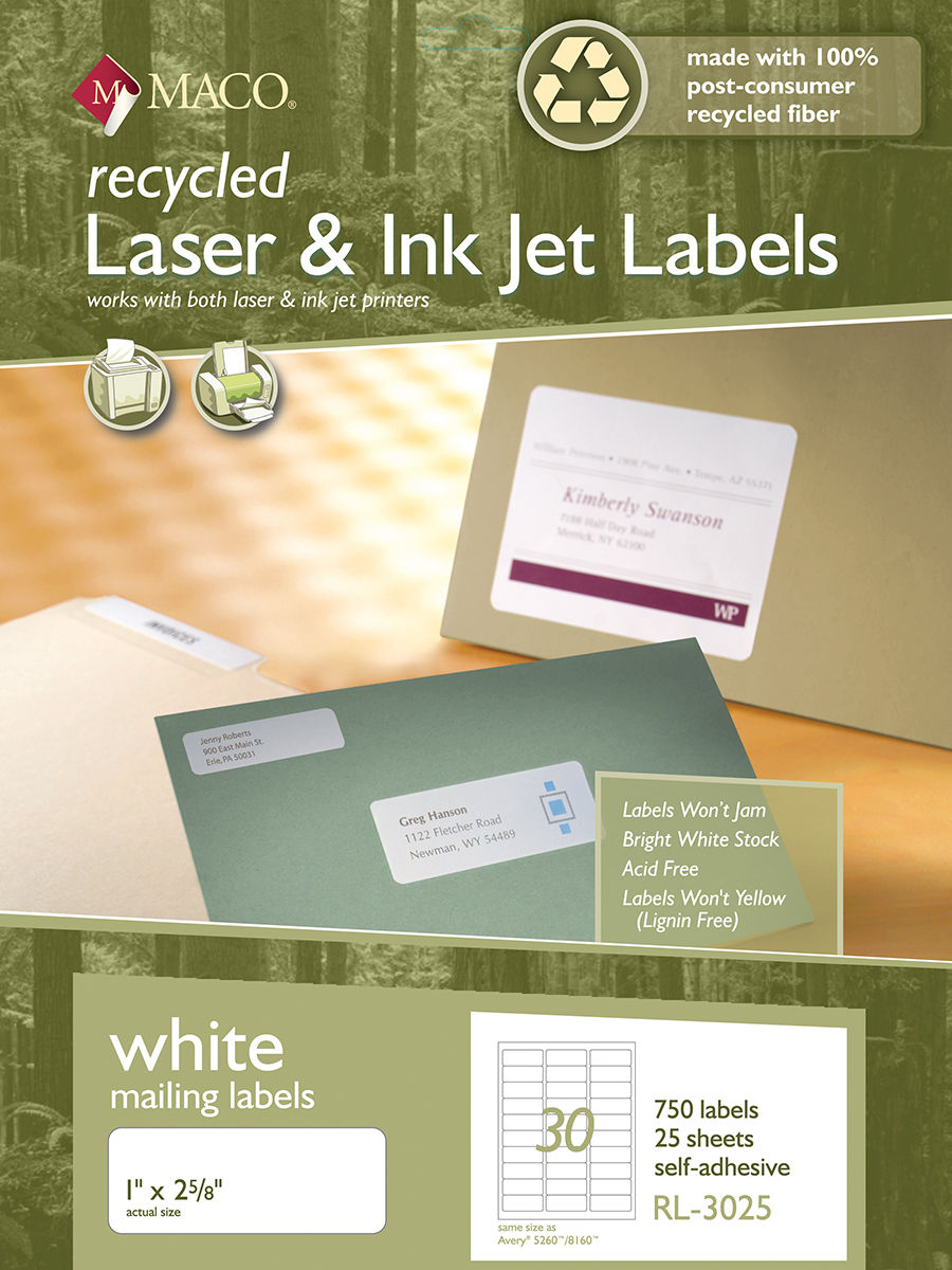 Recycled Laser/Inkjet White Address Labels, 1" x 2-5/8", 30/Sht, 750 ...
