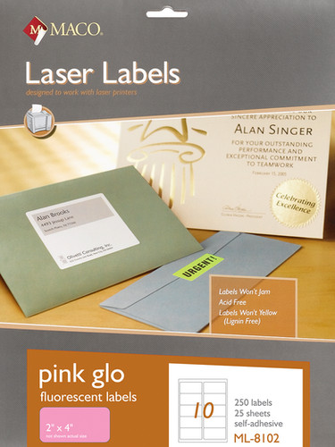 Laser Pink Neon Labels, 2" x 4", 10/Sheet, 250 Labels/Pk | Maco