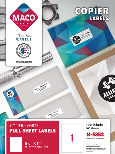 Copier White Full Sheet Labels, 8-1/2" x 11", 1/Sheet, 100 Labels/Bx | Maco
