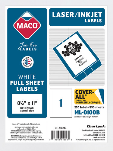Laser/Inkjet COVER-ALL™ White Full Sheet Labels, 8.5"x11", 1/Sheet, 250 ...