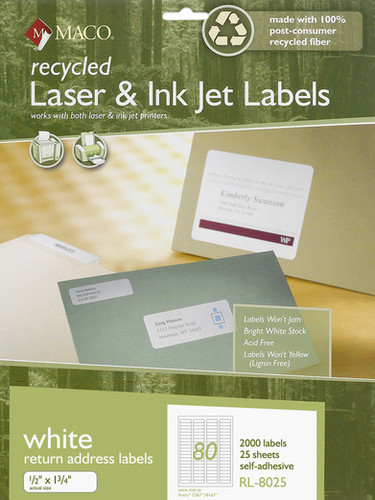 Recycled Laser/Inkjet White Return Address Labels, 1/2" x 1-3/4", 80 ...
