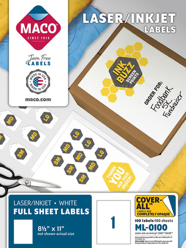 Laser/Inkjet COVER-ALL™ White Full Sheet Labels, 8.5"x11", 1/Sheet, 100 ...