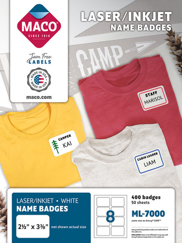 Laser/Inkjet White Name Badges, 2-1/3" x 3-3/8", 8/Sheet, 400 Badges/Bx ...