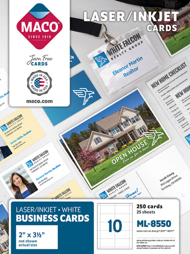 Laser/Inkjet White Business Cards, 2" x 3-1/2", 10/Sheet, 250 Cards/Bx ...
