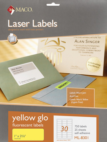 Laser Yellow Neon Labels, 1" x 2-5/8", 30/Sheet, 750 Labels/Pk | Maco