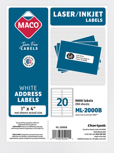 Laser/Inkjet White Address Labels, 1" x 4", 20/Sheet, 5000 Labels/Bx | Maco