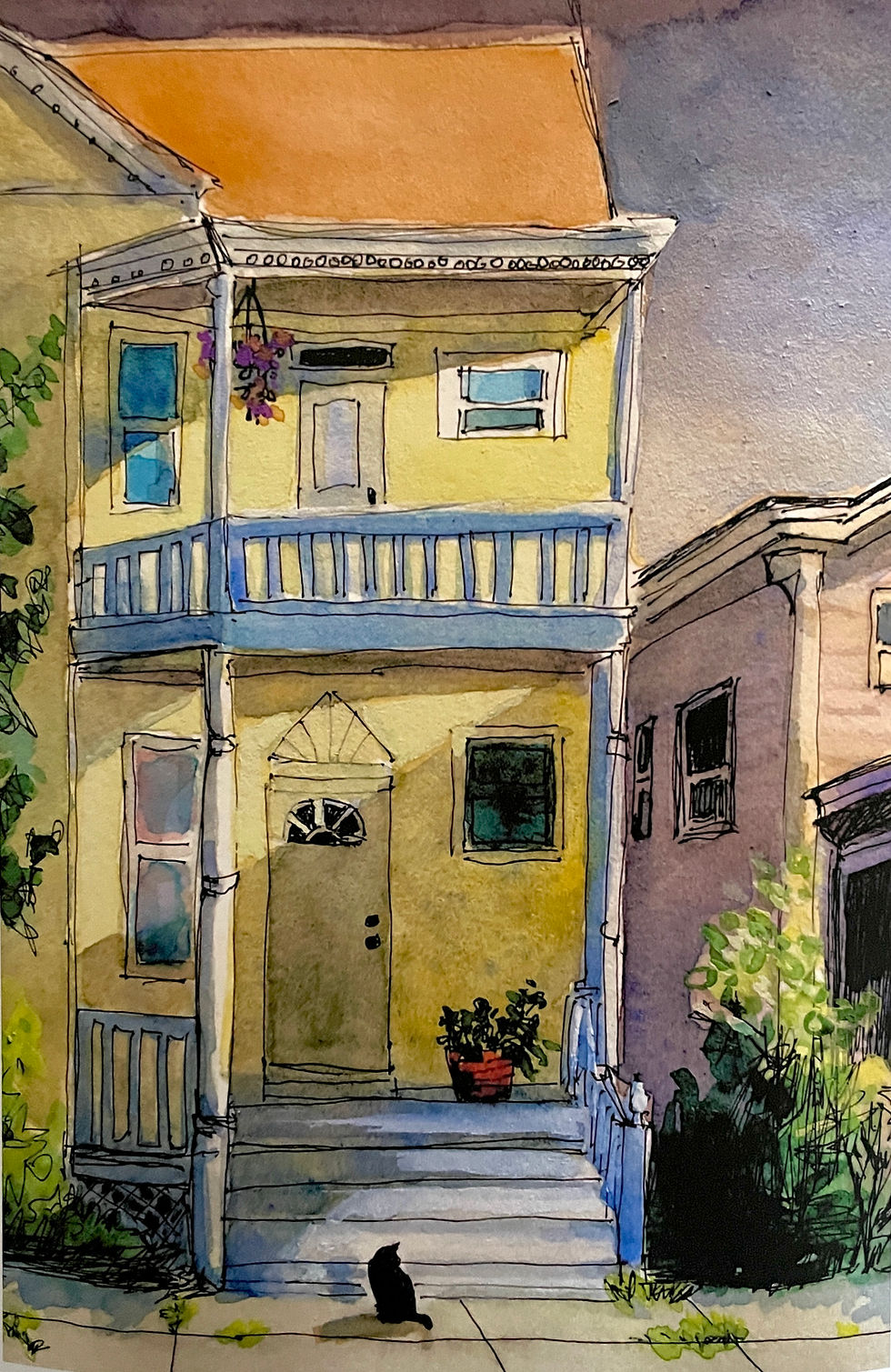 Black Cat and Yellow House | Jan L Waldron Art