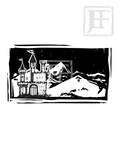 Woodcut Mountain Castle | art-of-jeff-thompson