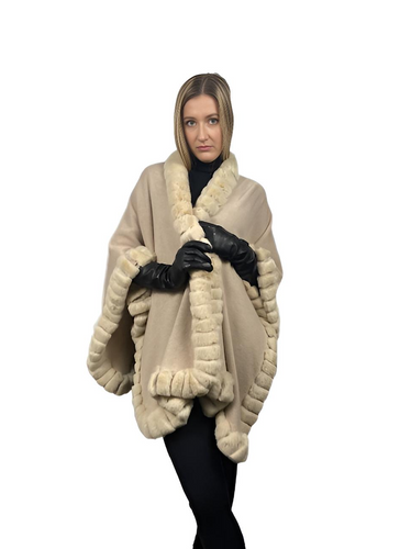 Beige Wool Cape & Rex Rabbit Trim | Morrisfurs