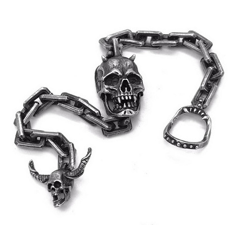 Horned Skull Bracelet Viking Demon Skull Handmade Chain Goth Teeth ...