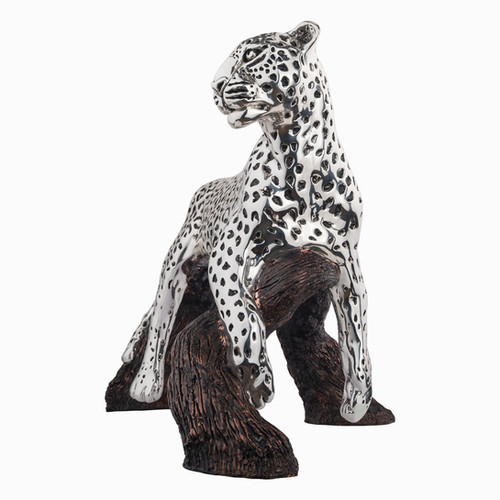 Escultura de Leopardo de Plata Contemplando en una Rama | D'Argenta México