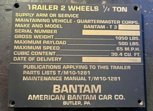 Bantam Jeep Trailer Data Plate | Generaltaylors