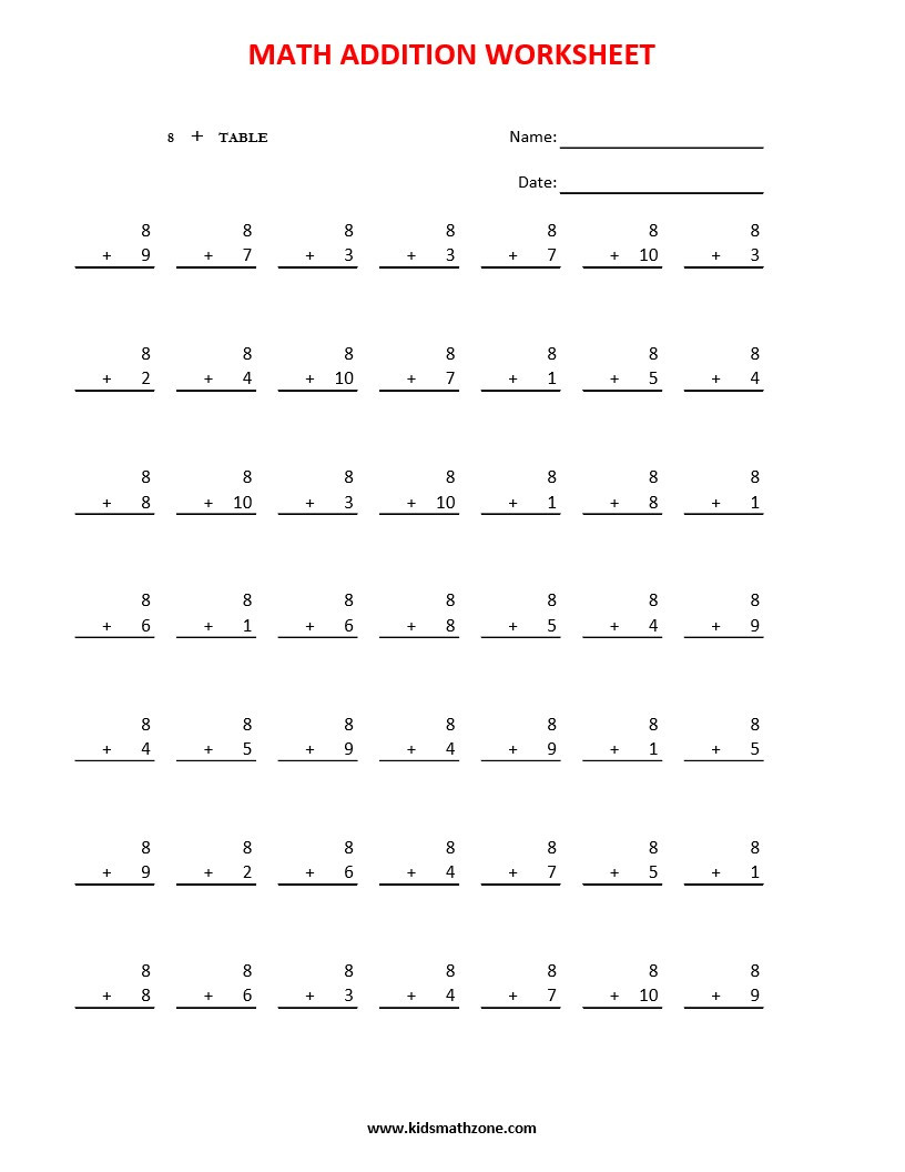 Math Addition table 8