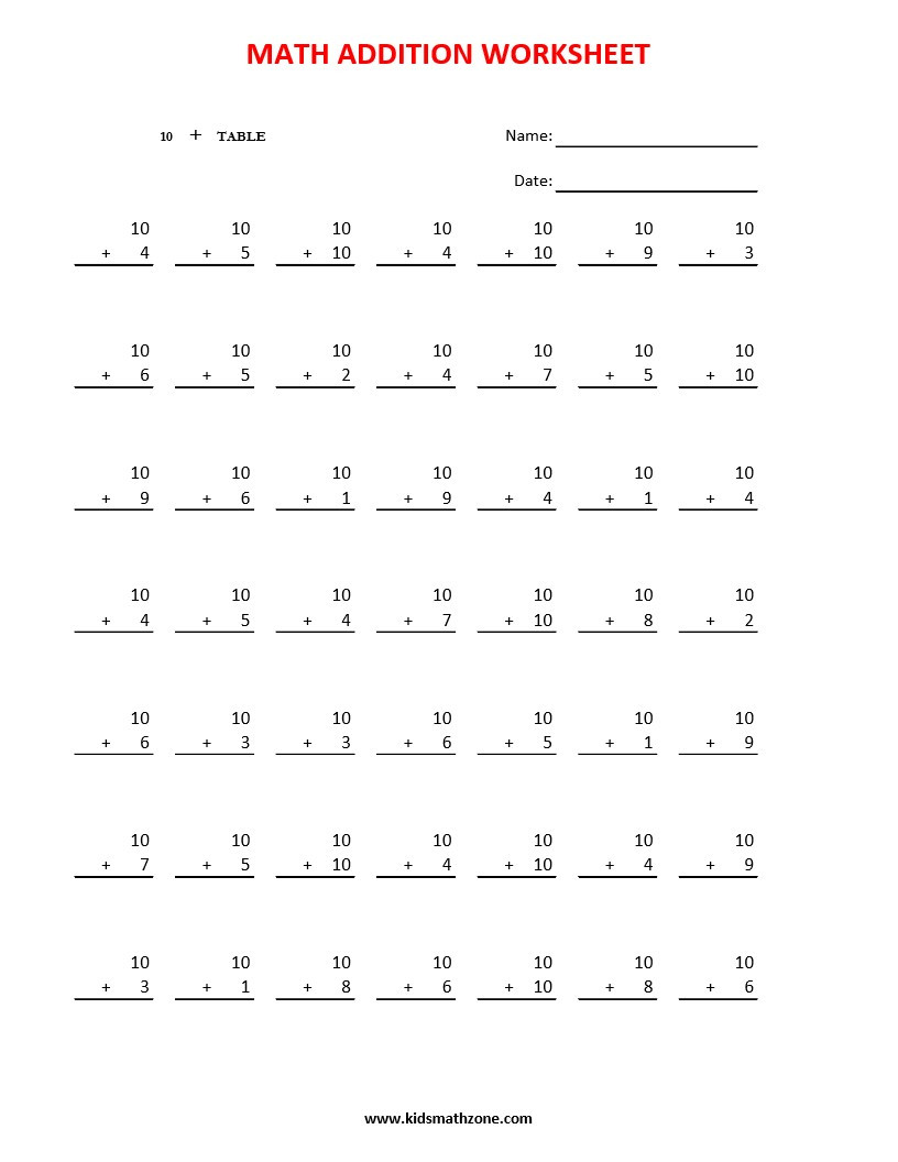 Math Addition table 10