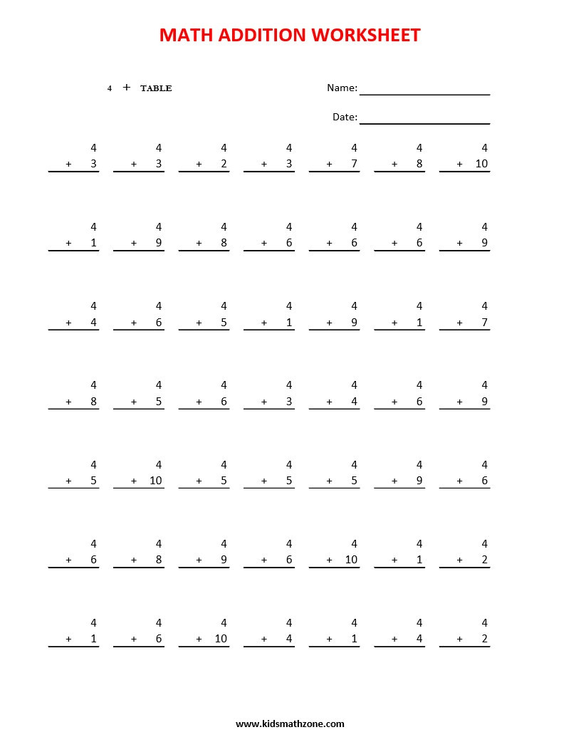 Math Addition table 4