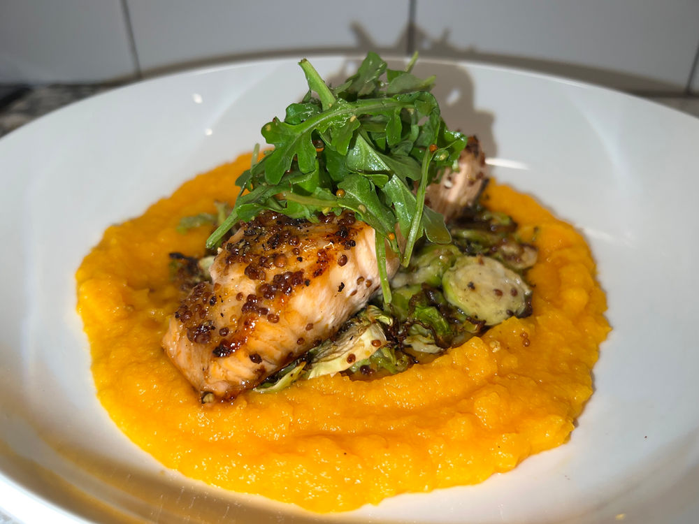 Maple Mustard Salmon with Brussels Sprouts and Butternut Squash Puree