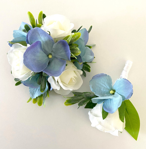 Blue Hydrangea Wrist Corsage Set - Floret Designs