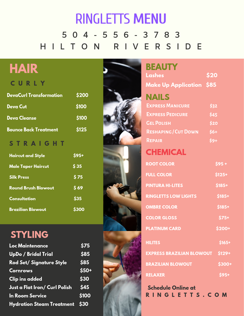 Ringletts hair menu, downtown New Orleans, wedding, curly hair, mani