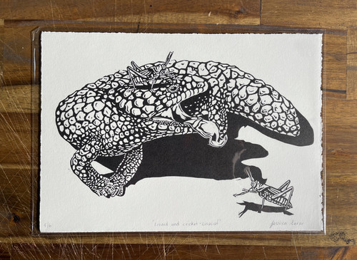 Lizard and Cricket Linocut Print | A4 | the blue stamp