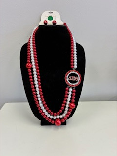 DST 3 Strand Red White Pearl Long Brooch Necklace Set | FlyGirl4Real