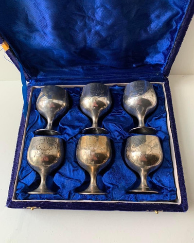 Set Of Six EPNS Miniature Brandy Goblets In Lovely Blue Velvet ...