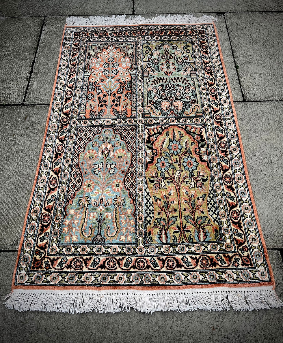 Kashmir Silk Coral & Green Persian Style Rug | Strichen Antiques