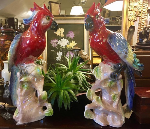 Georgous large pair of 1950's Jema holland lustre ware parrots ...