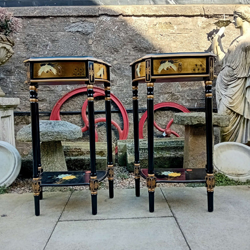 Pair Of Oriental Black Laquer & Gilt Side Tables | Strichen Antiques