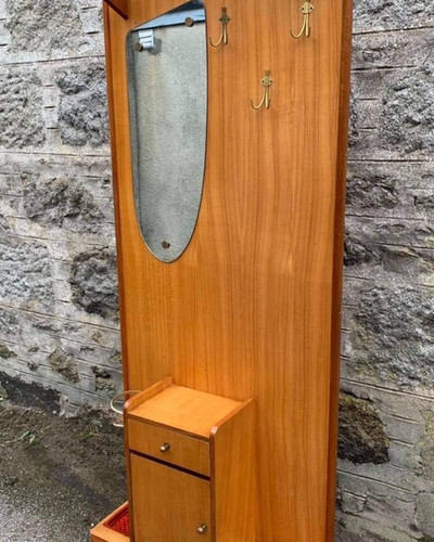 mid century MCM teak hall stand, top track, hooks, Mirror, cabinet ...