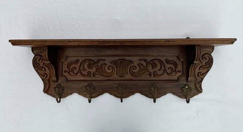 Solid Oak decorative wall hung shelf with coat hooks | Strichen Antiques