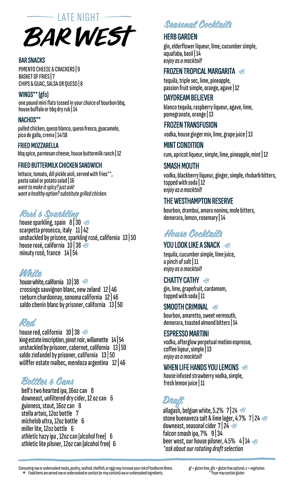 Bar West Menus