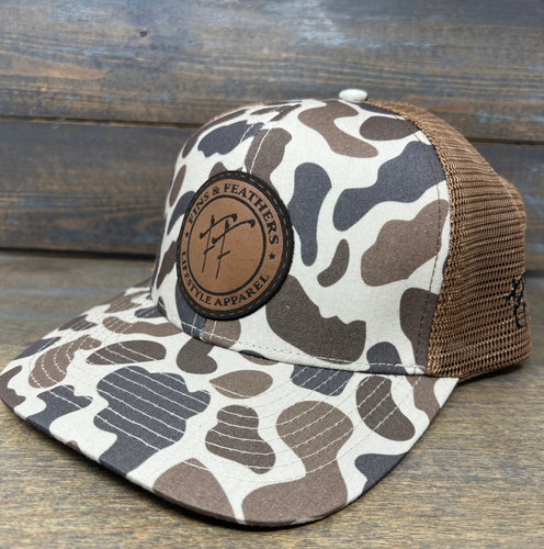 Fins& Feathers Old School Camo Round Leather Patch Hat | Mysite