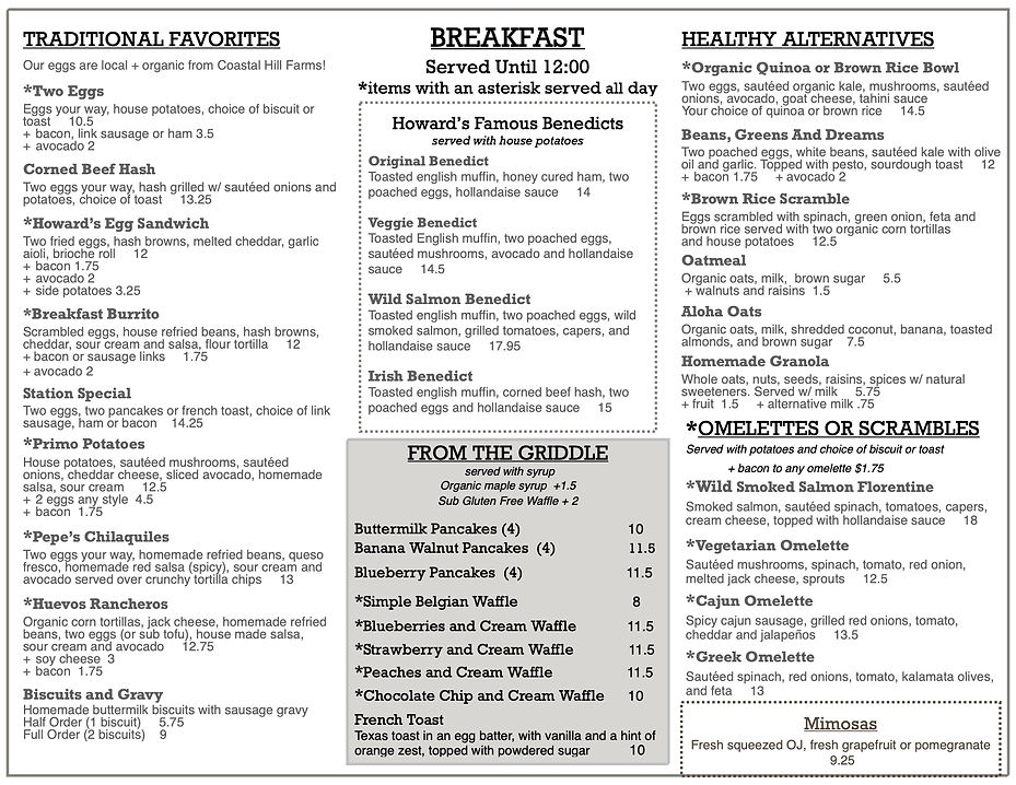Howards Station Cafe Menu