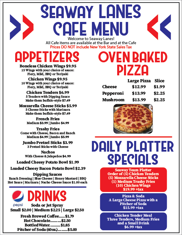 Seaway Lanes Cafe Menu - Watertown, NY