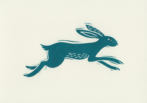 Leaping Hare linocut, blue, Yorkshire wildlife art for sale | Michelle ...